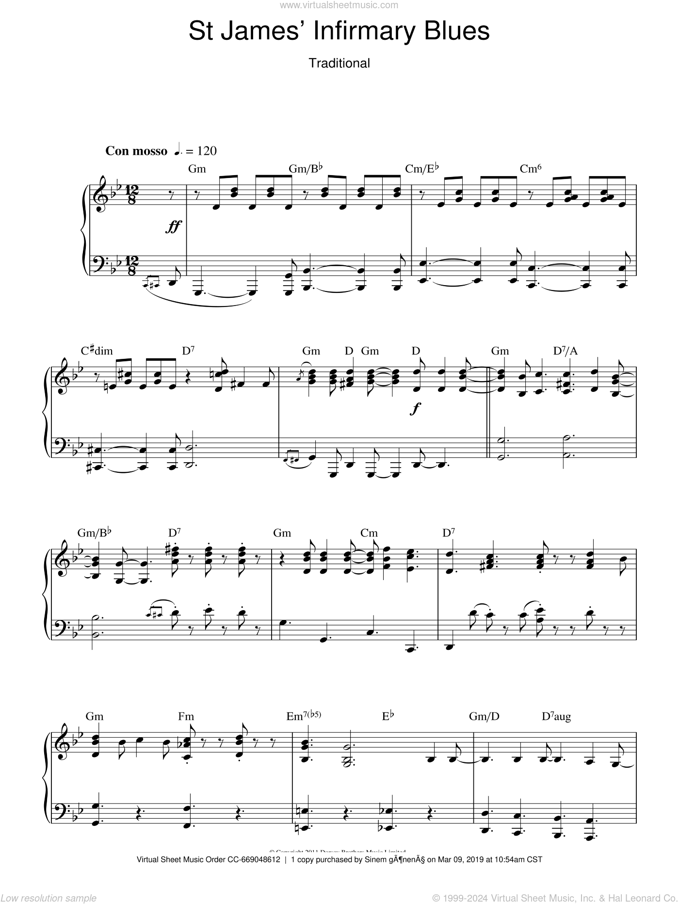 Saint James Infirmary sheet music for piano solo (PDF)