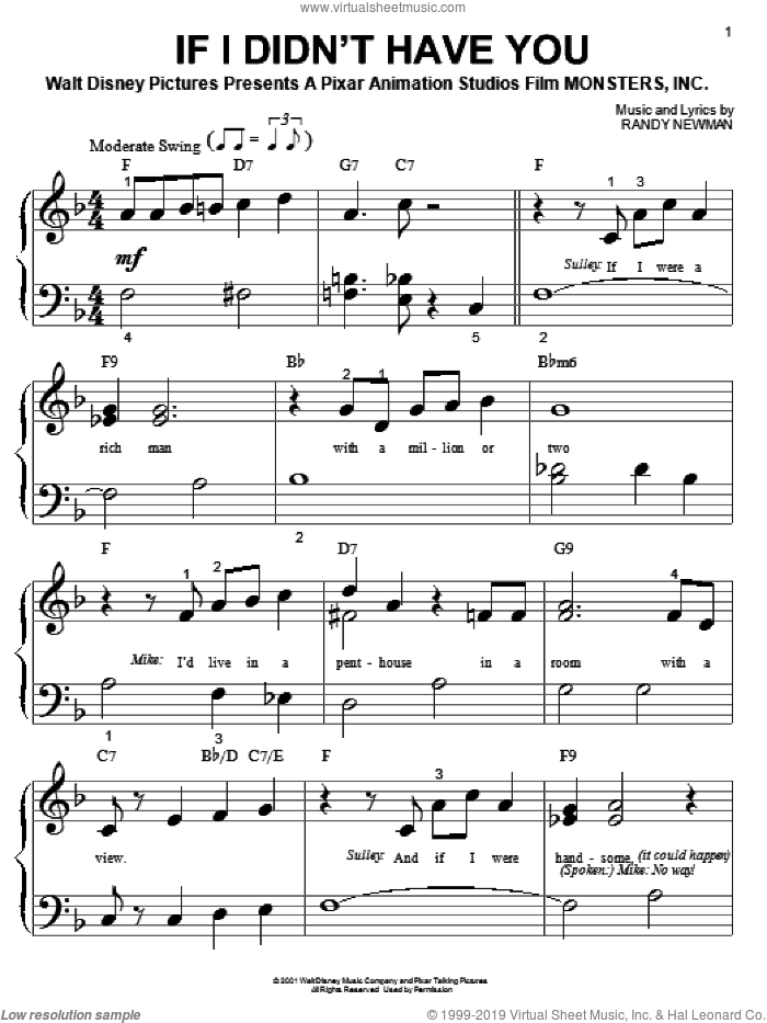 If I Didn't Have You (from Monsters, Inc.) sheet music for piano solo ...
