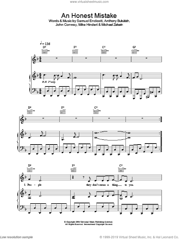 Honest Mistake sheet music for voice, piano or guitar (PDF)