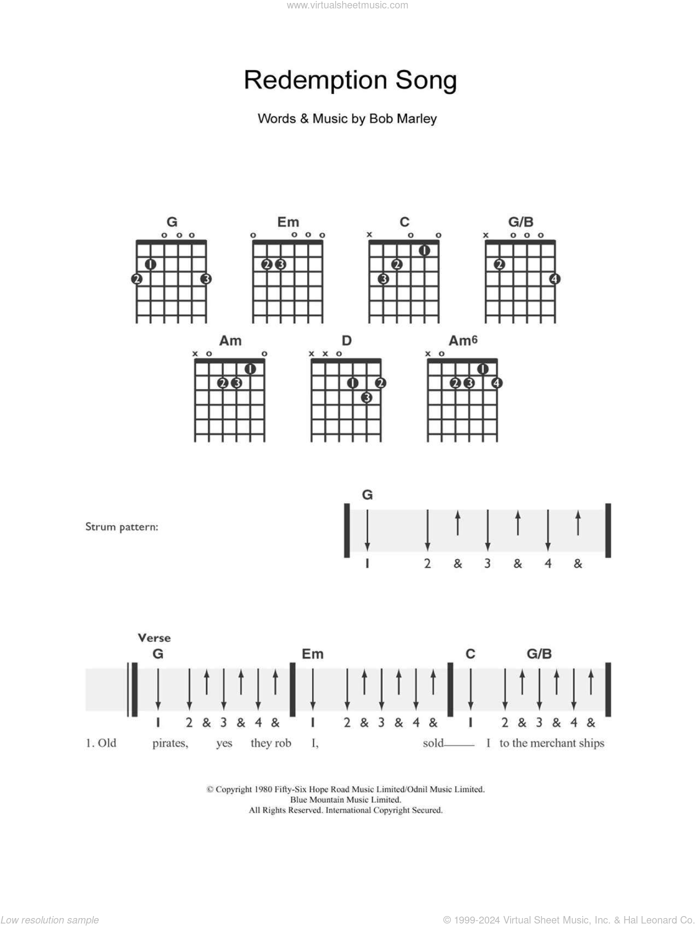 Redemption Song sheet music (easy) for guitar solo (chords) (PDF)