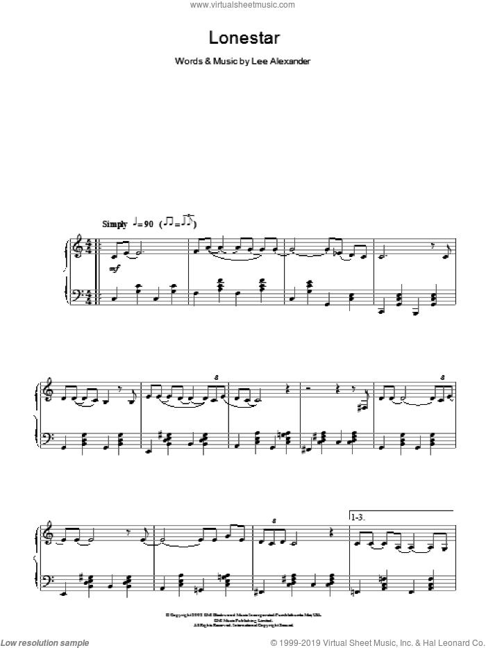 Lonestar, (intermediate) sheet music for piano solo (PDF)