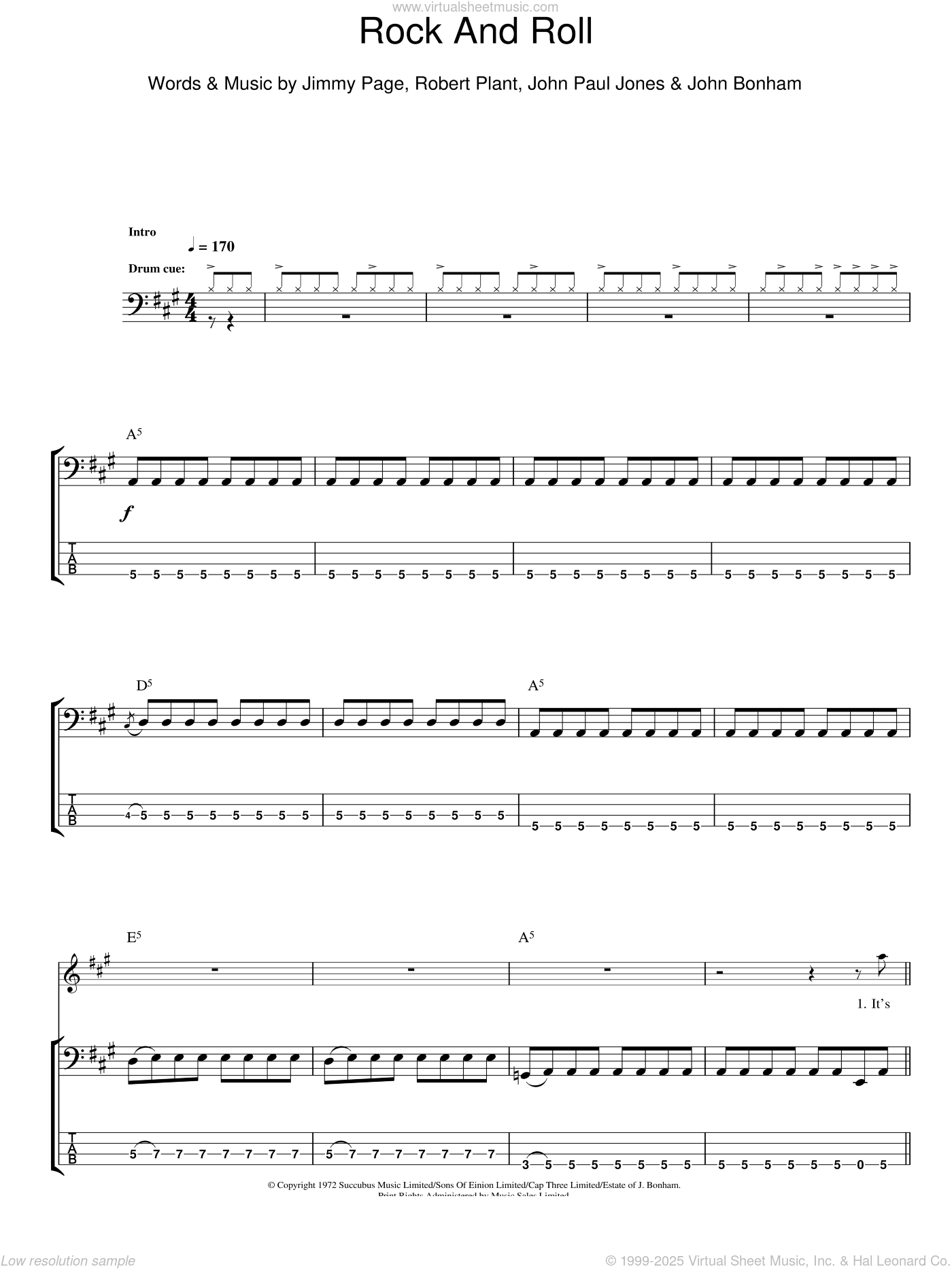 Rock And Roll sheet music for bass (tablature) (bass guitar)