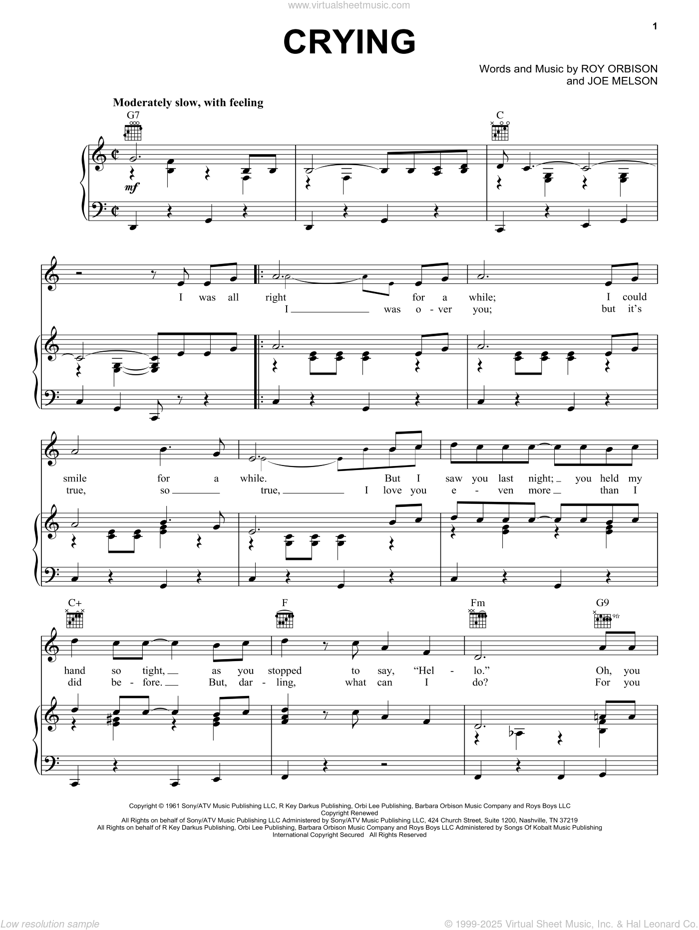 Crying sheet music for voice, piano or guitar (PDF-interactive)