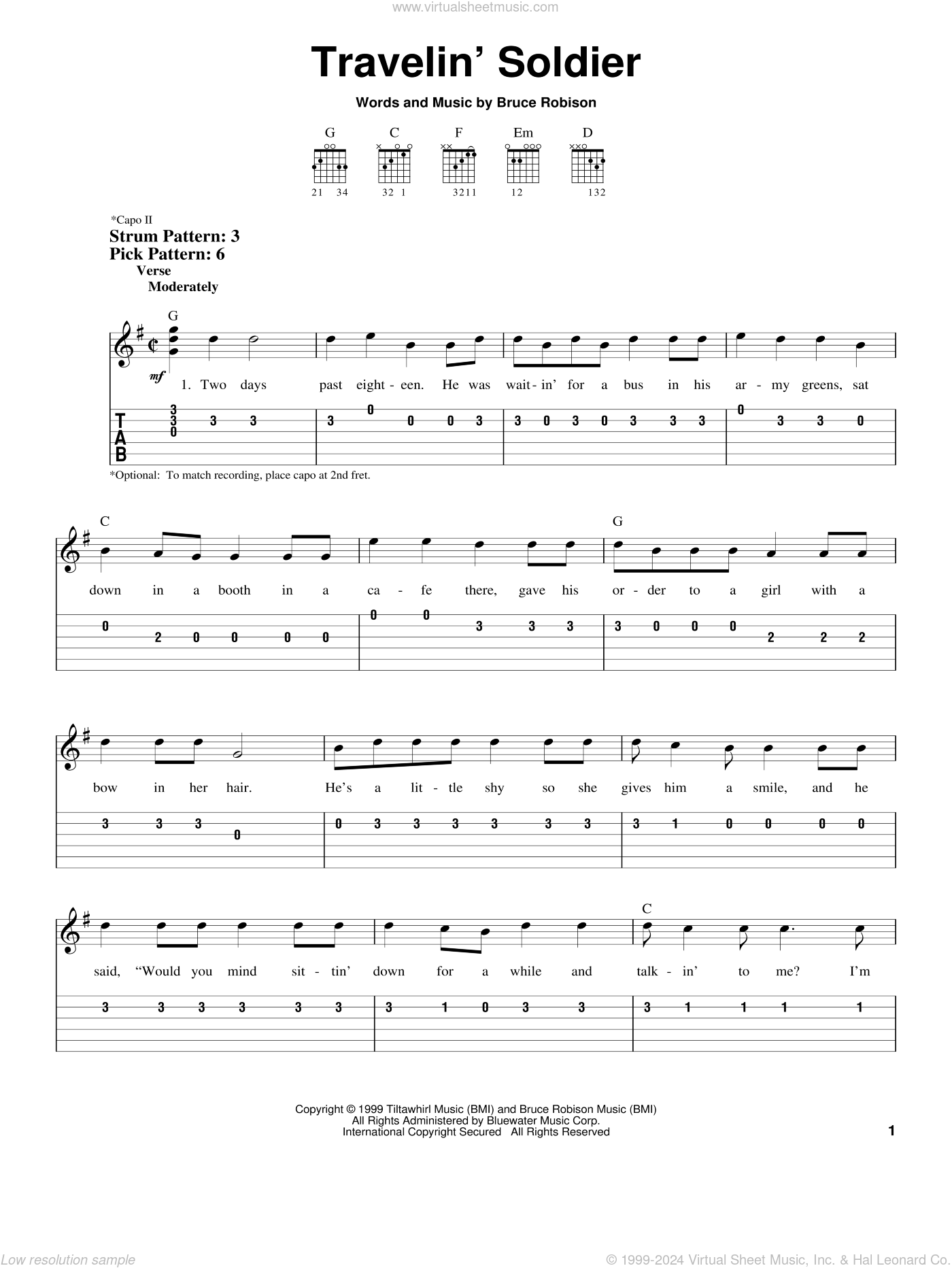 Travelin' Soldier sheet music for guitar solo (easy tablature)