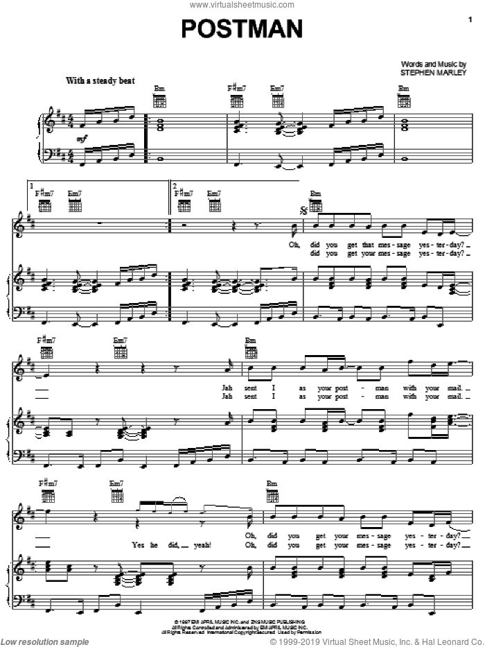 Postman sheet music for voice, piano or guitar (PDF-interactive)