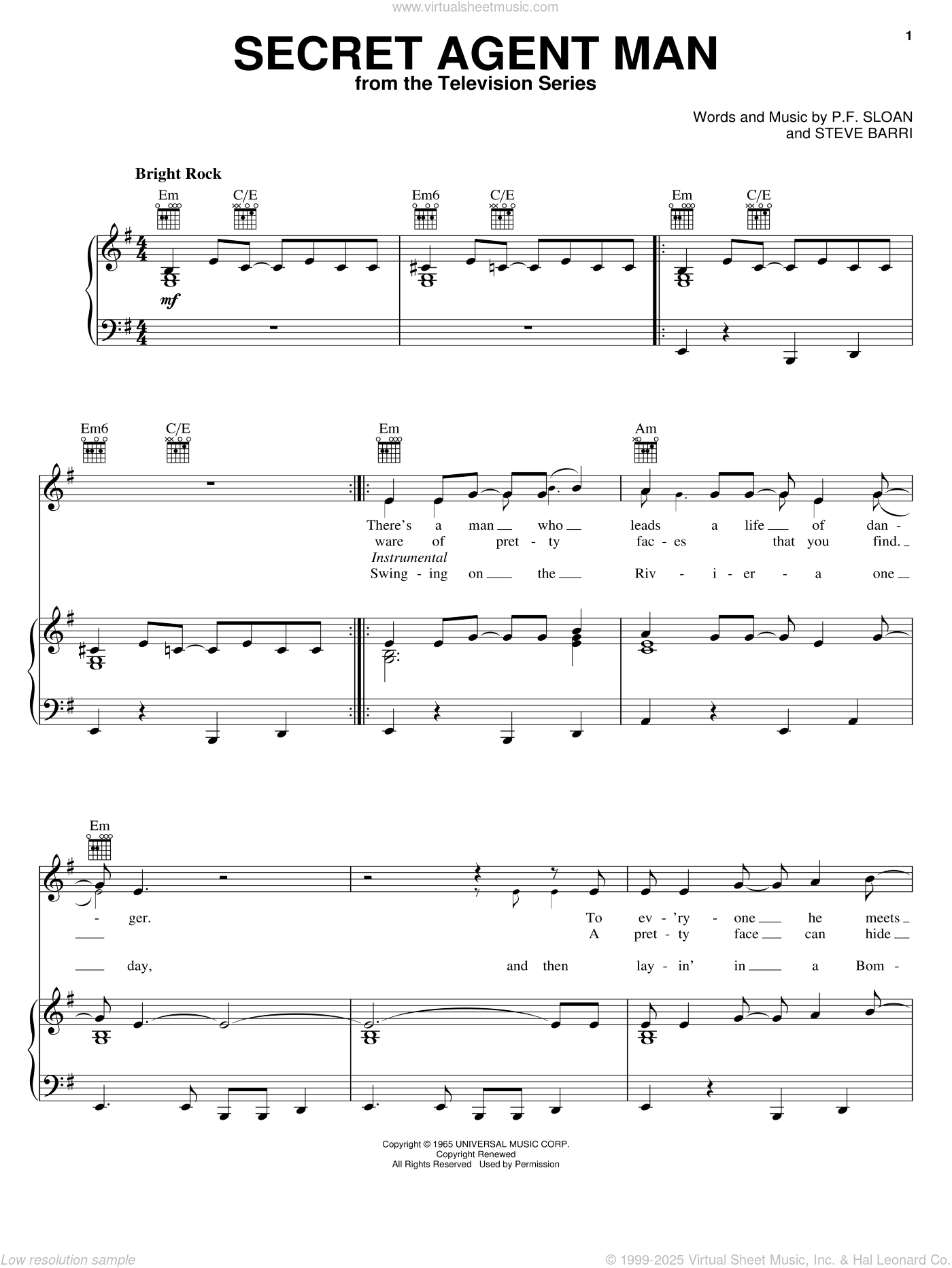 Secret Agent Man sheet music for voice, piano or guitar (PDF)