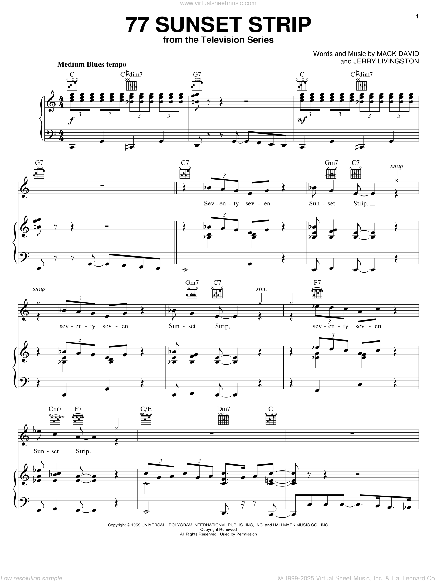 77 Sunset Strip sheet music for voice, piano or guitar (PDF)