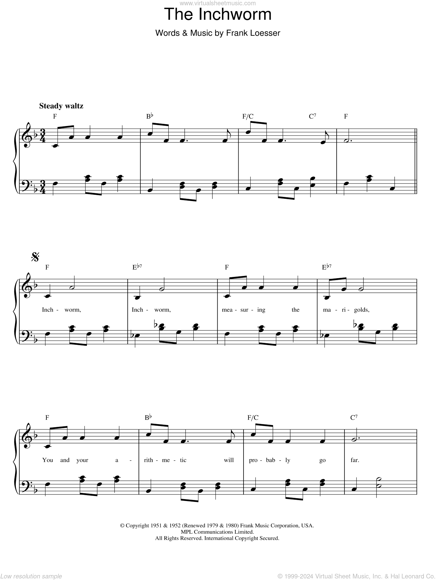 The Inchworm sheet music for voice and piano (PDF)