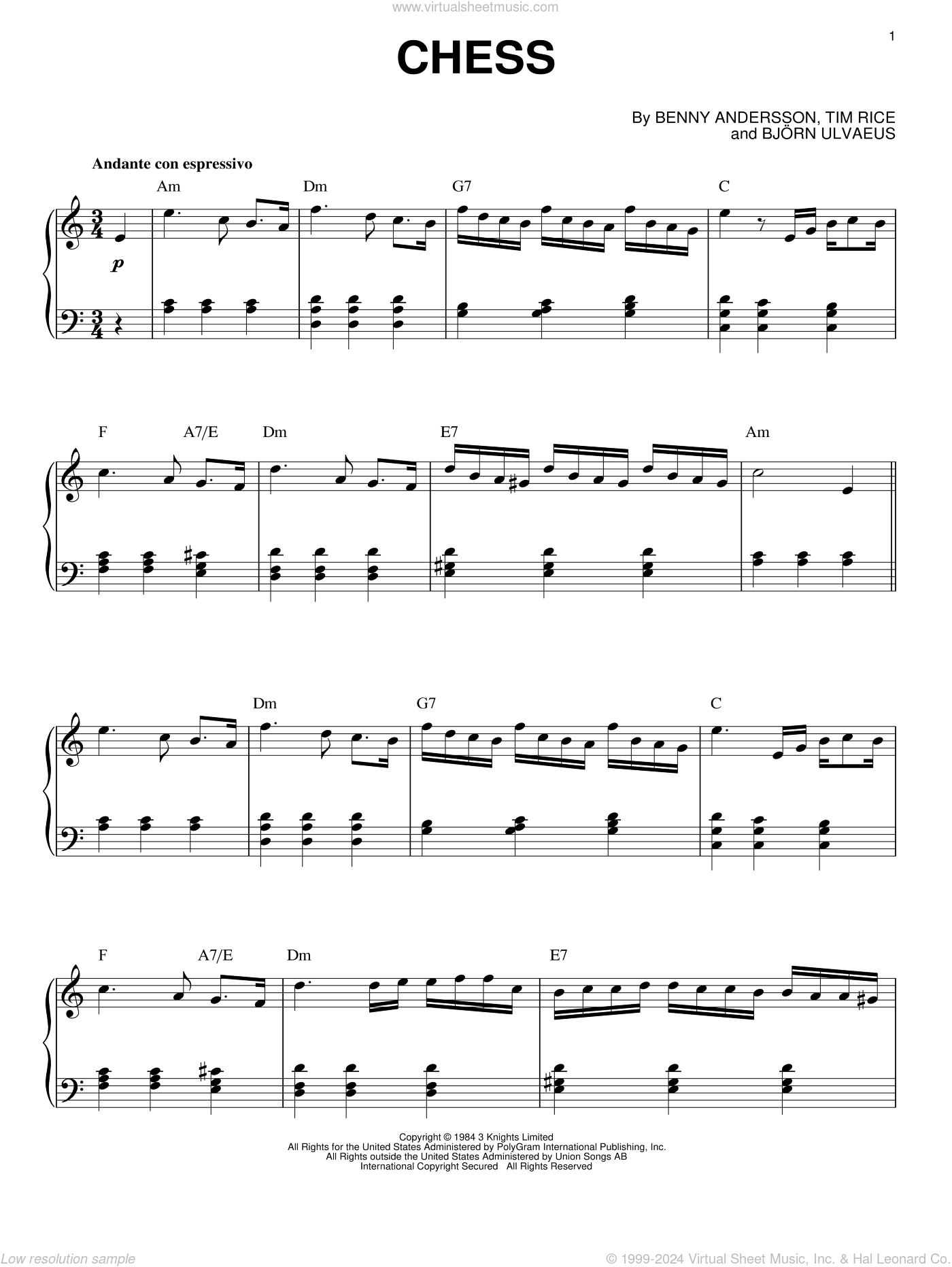 Chess sheet music for piano solo (PDF-interactive)