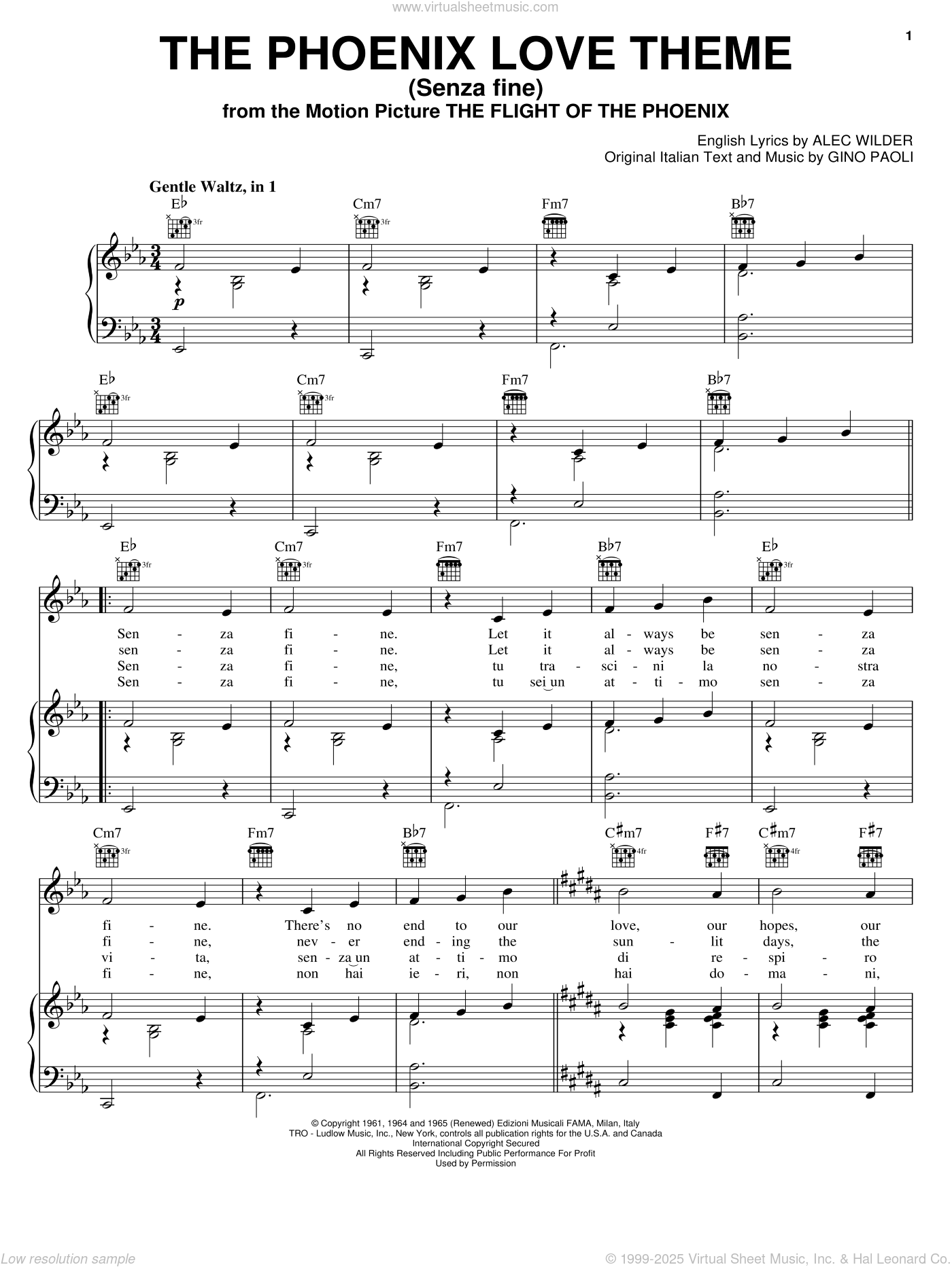 The Phoenix Love Theme (Senza Fine) sheet music for voice, piano or guitar