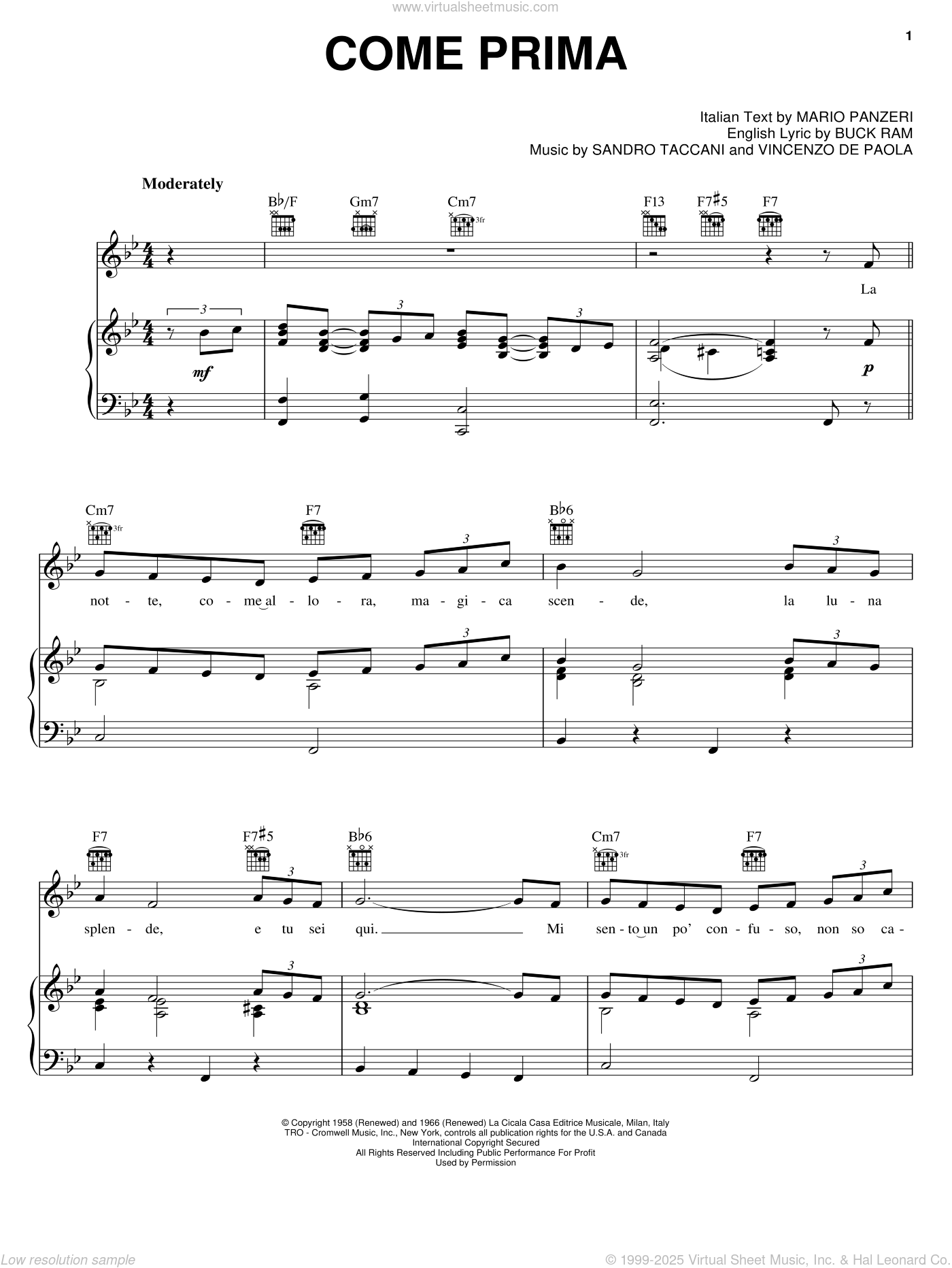 Come Prima sheet music for voice, piano or guitar (PDF)