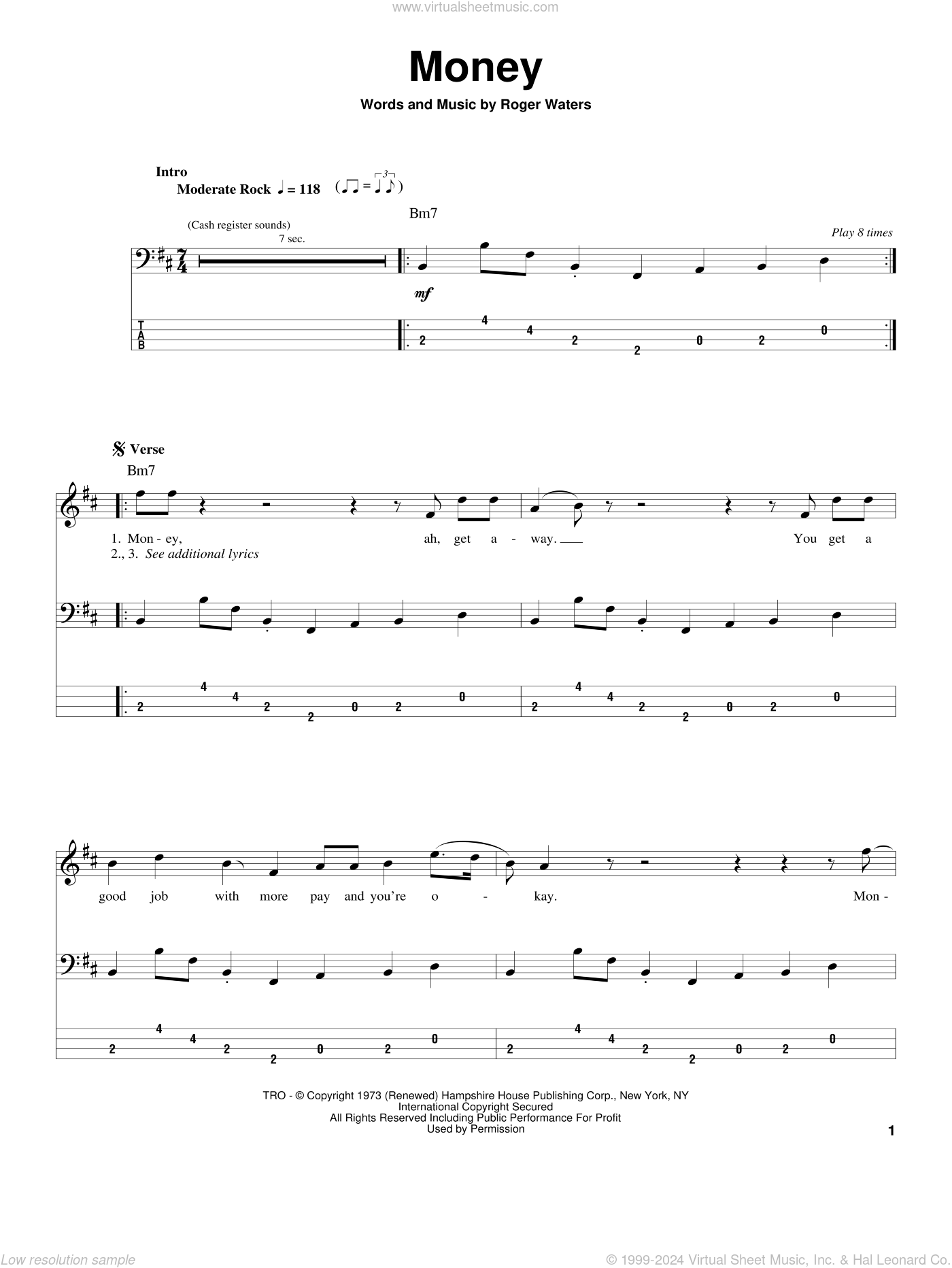 Money sheet music for bass (tablature) (bass guitar) (PDF)