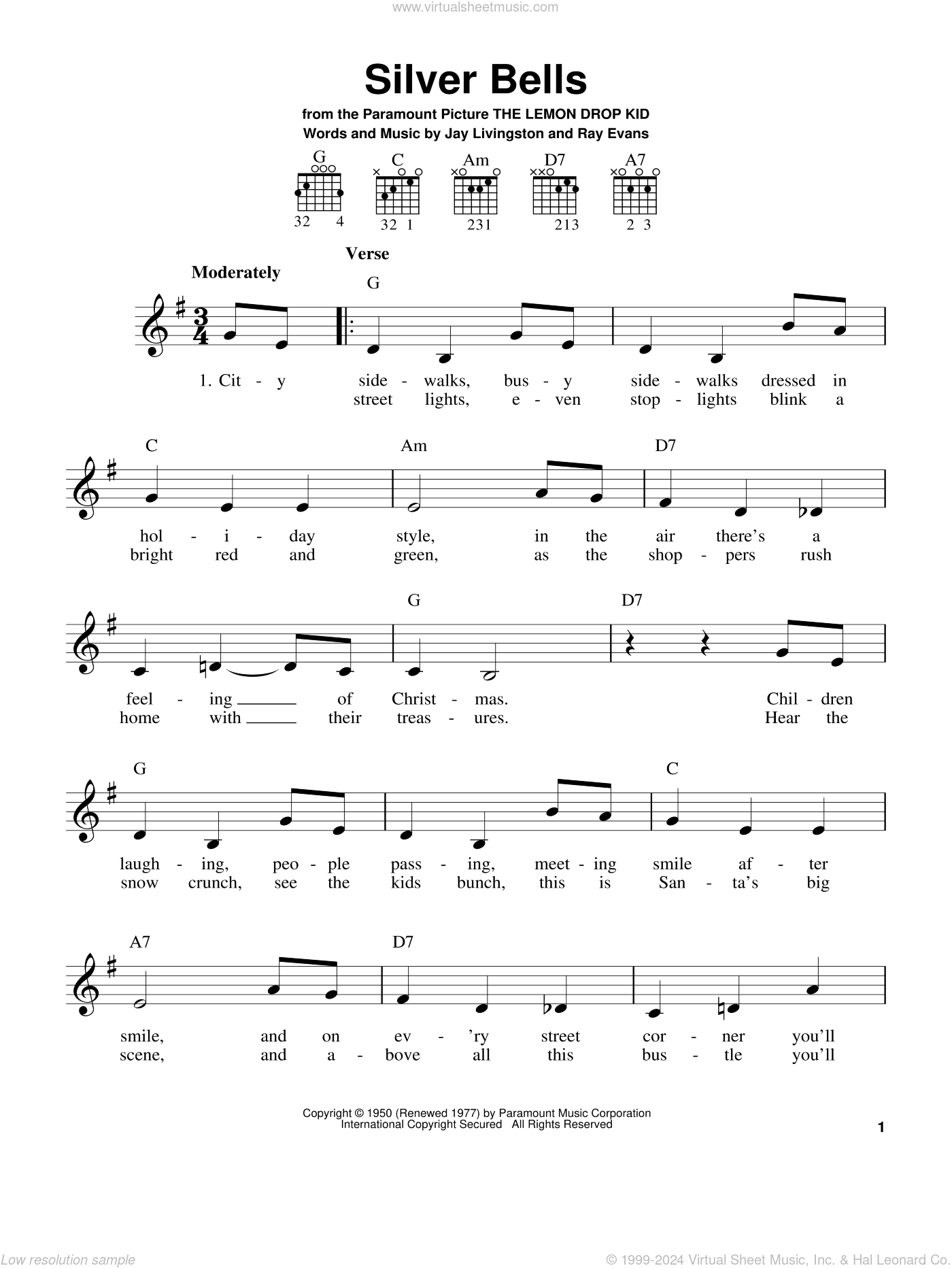 Silver Bells sheet music (easy) for guitar solo (chords) (PDF)