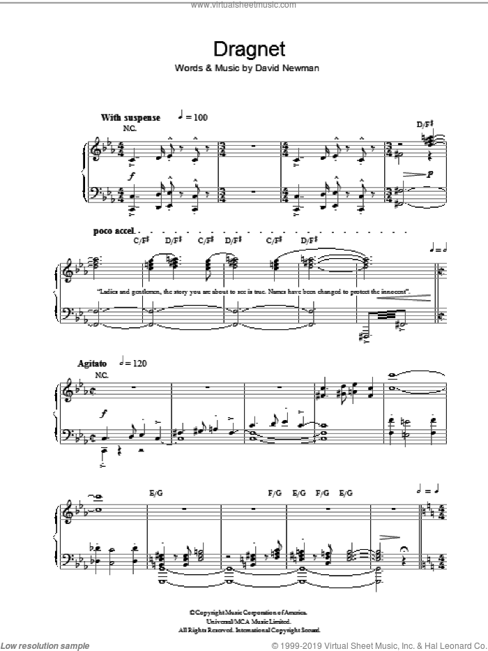 David Newman: Dragnet sheet music for piano solo (PDF)