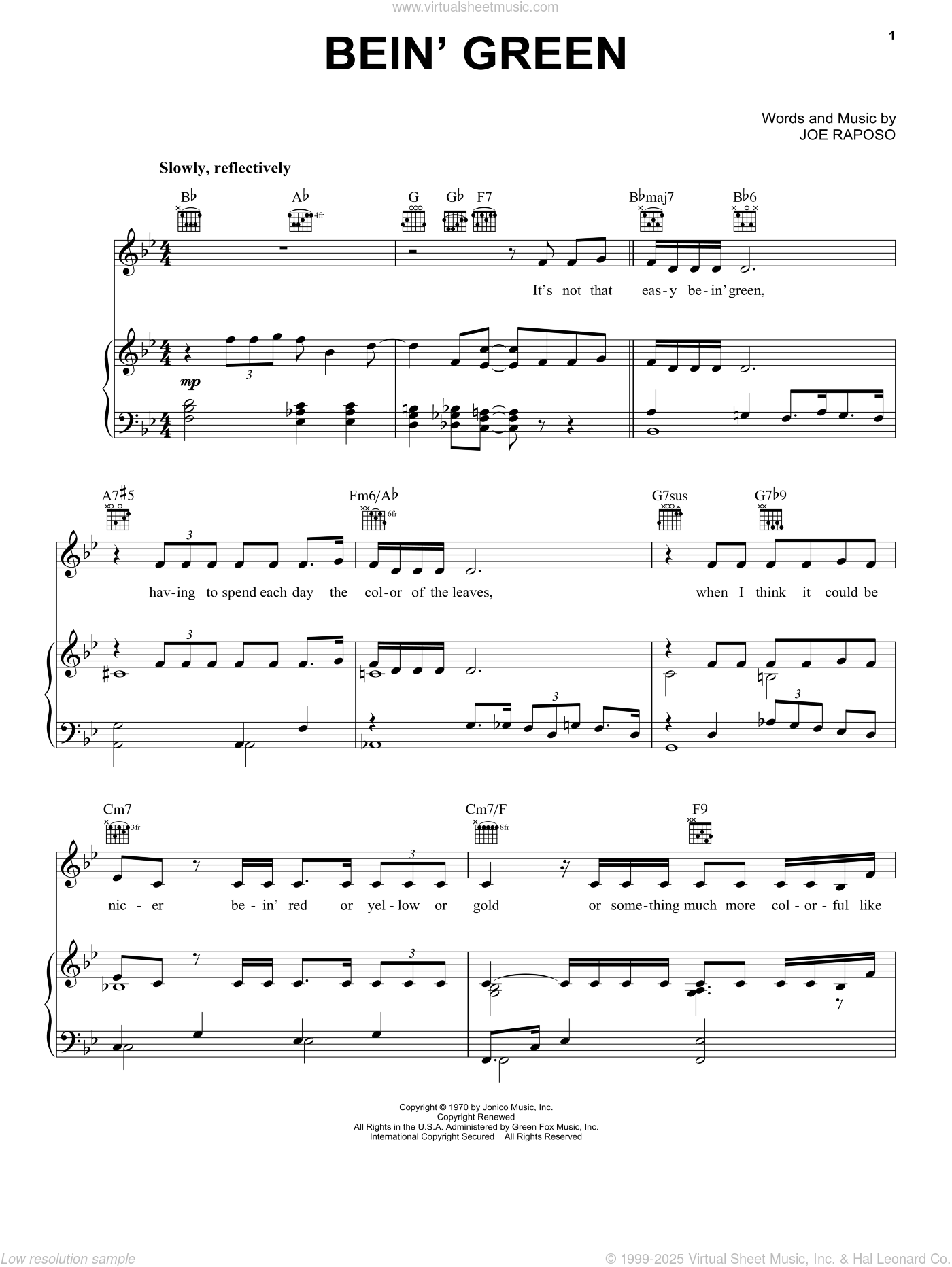 Bein' Green sheet music for voice, piano or guitar (PDF)