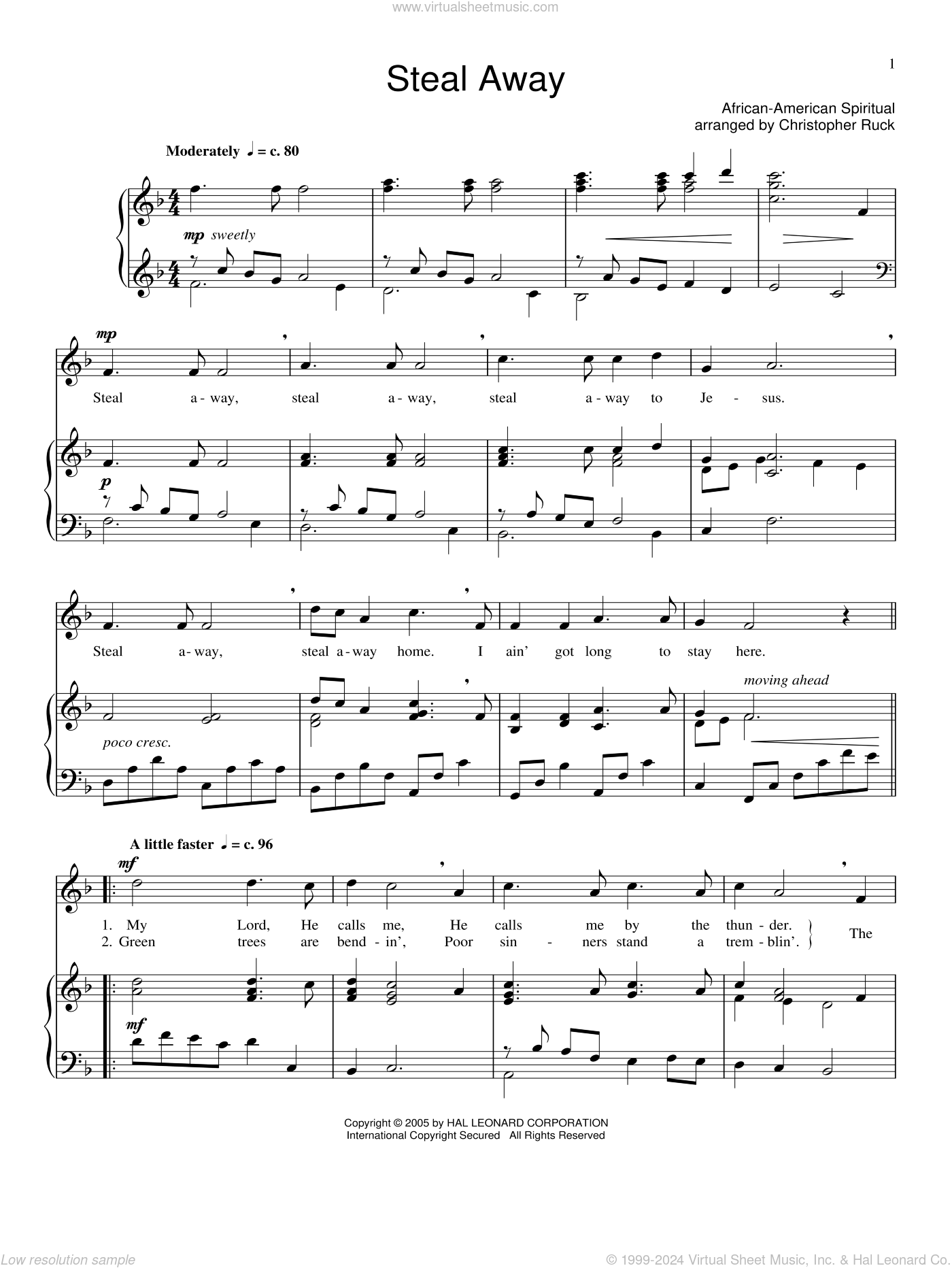 Steal Away sheet music for voice and piano (PDF-interactive)