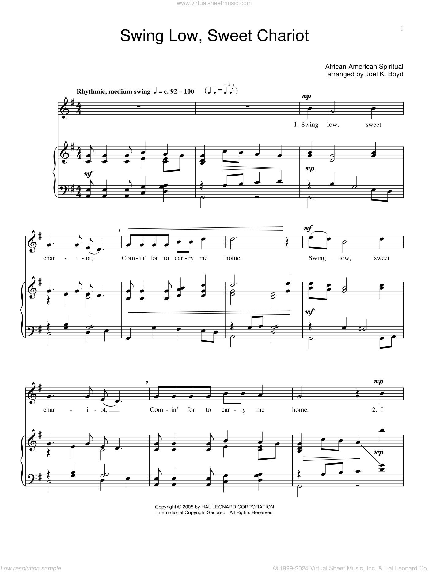 Swing Low, Sweet Chariot sheet music for voice and piano (PDF)