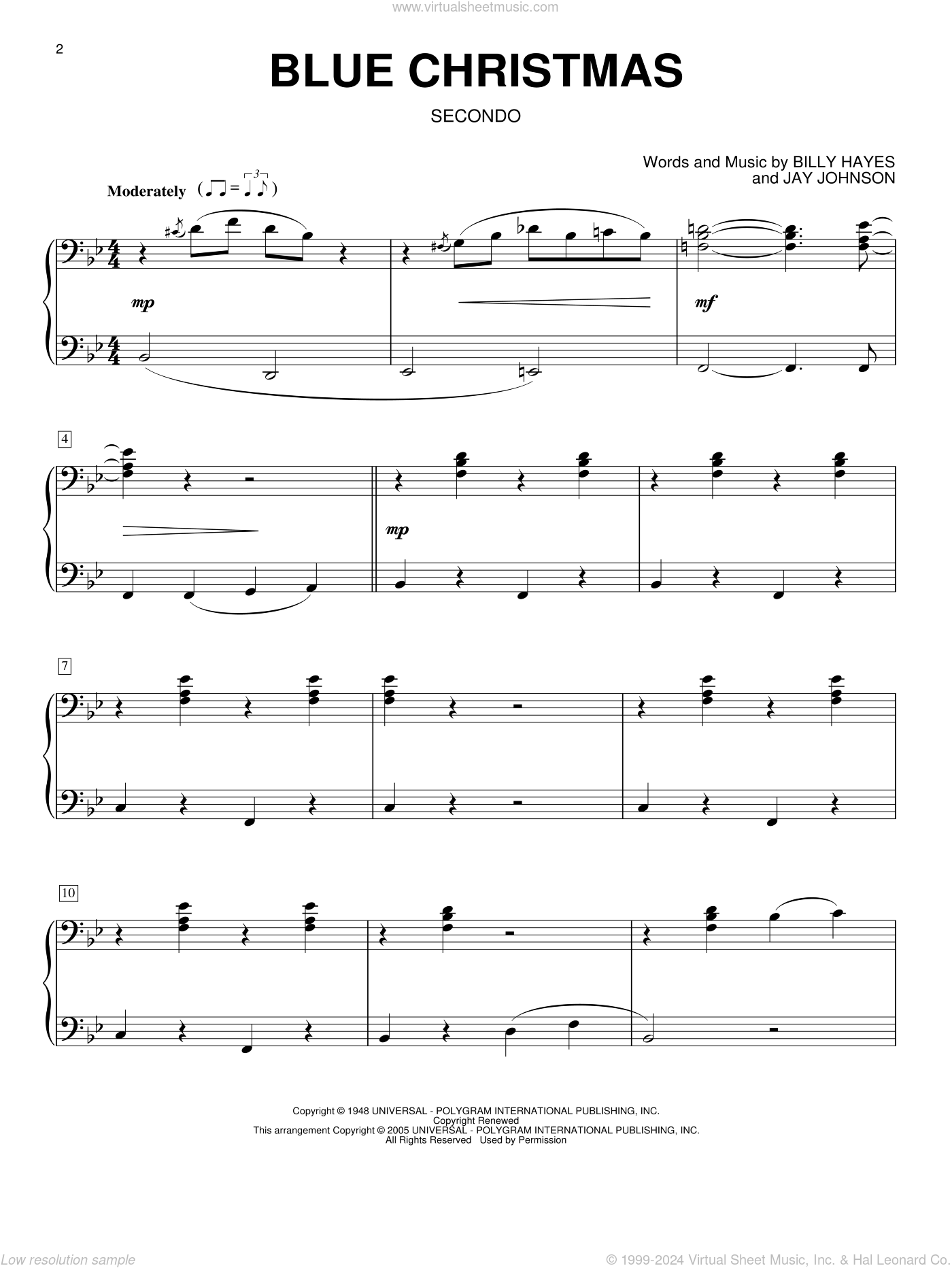 Blue Christmas sheet music for piano four hands (PDF) v2