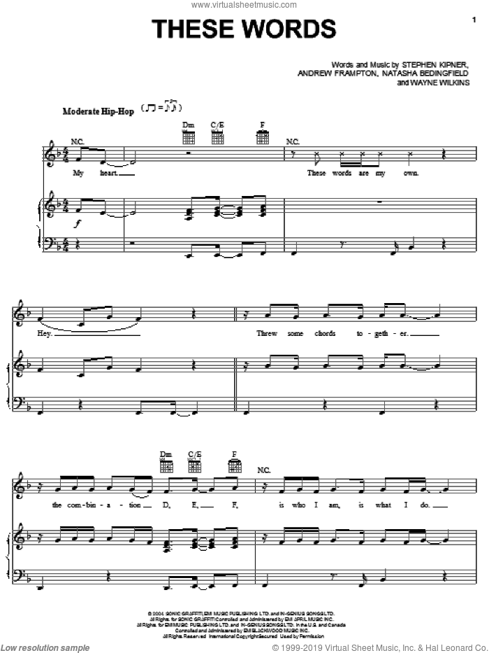 These Words sheet music for voice, piano or guitar (PDF)