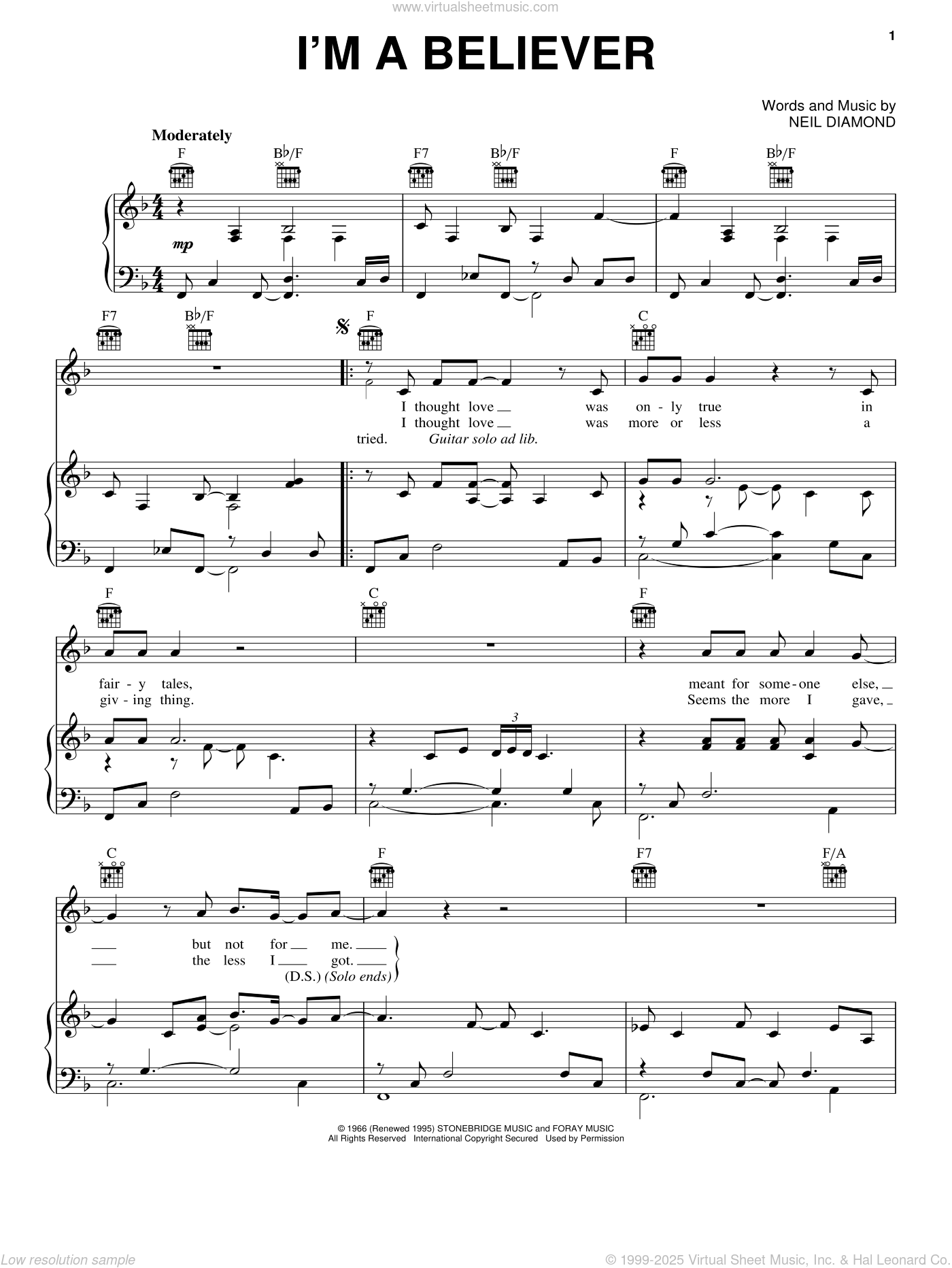 I'm A Believer sheet music for voice, piano or guitar (PDF)