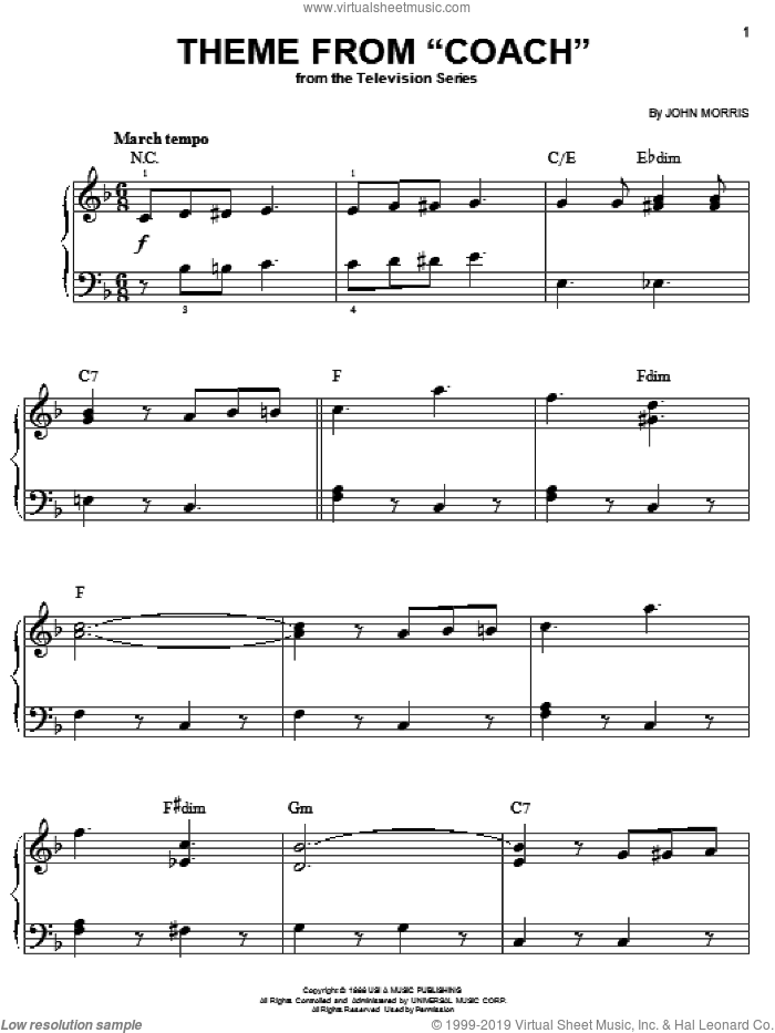 Theme From "Coach" sheet music for piano solo (PDF-interactive)