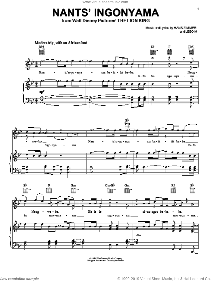 Nants' Ingonyama sheet music for voice, piano or guitar (PDF)