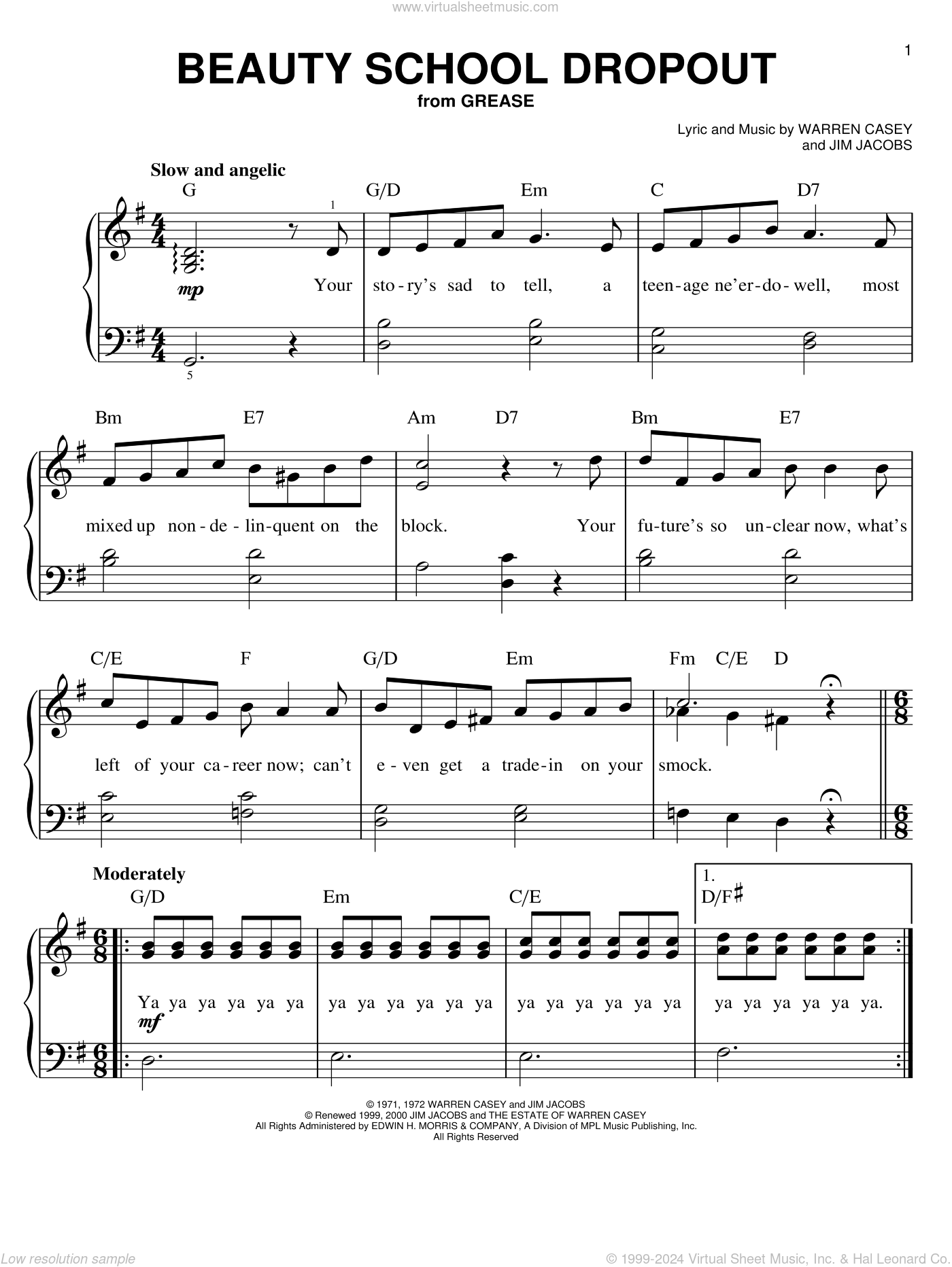 Beauty School Dropout sheet music for piano solo (PDF)