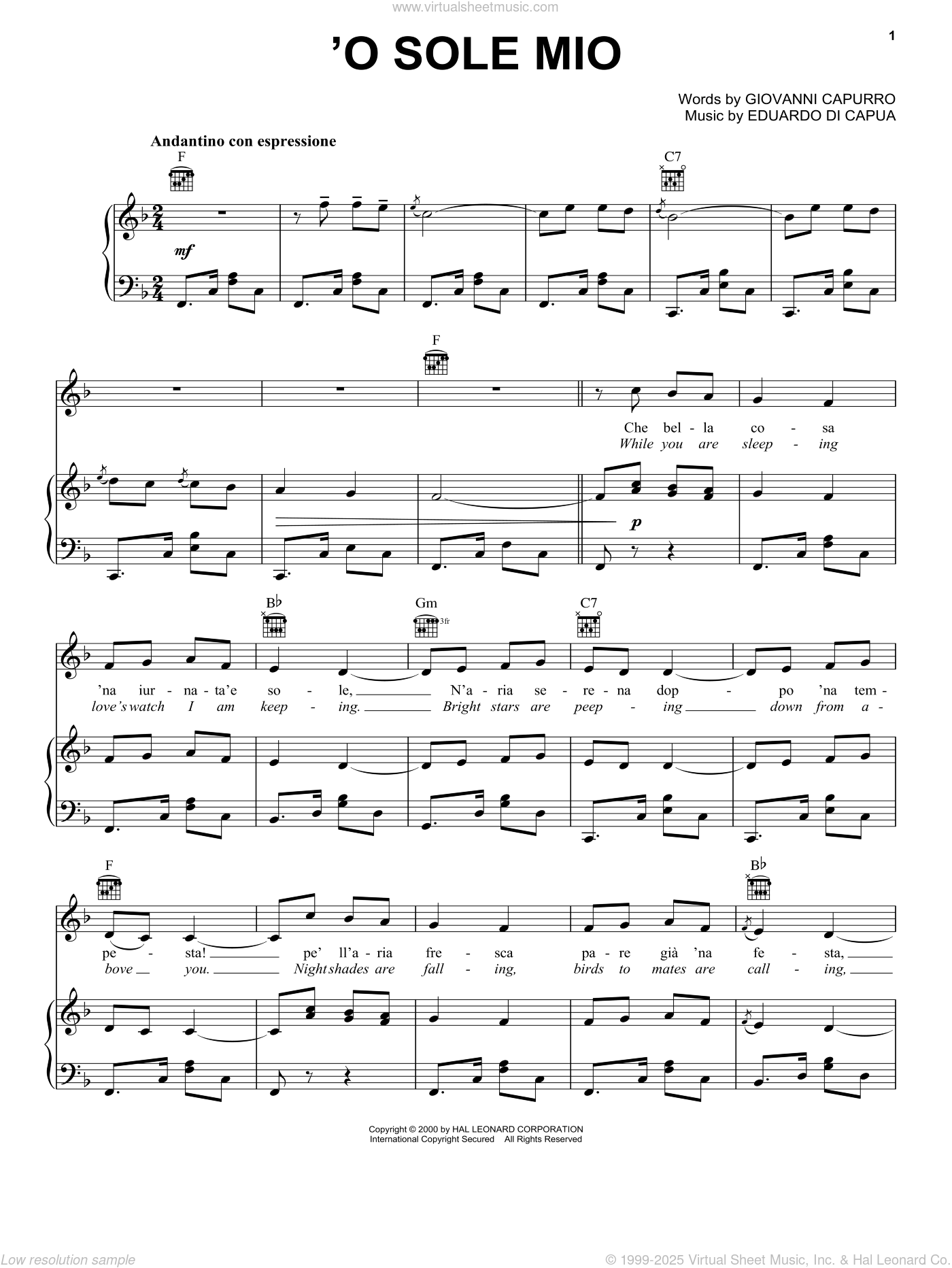 'O Sole Mio sheet music for voice, piano or guitar (PDF)
