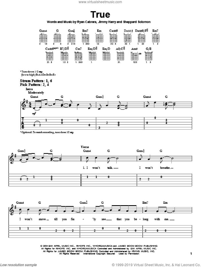 True sheet music for guitar solo (easy tablature) (PDF)