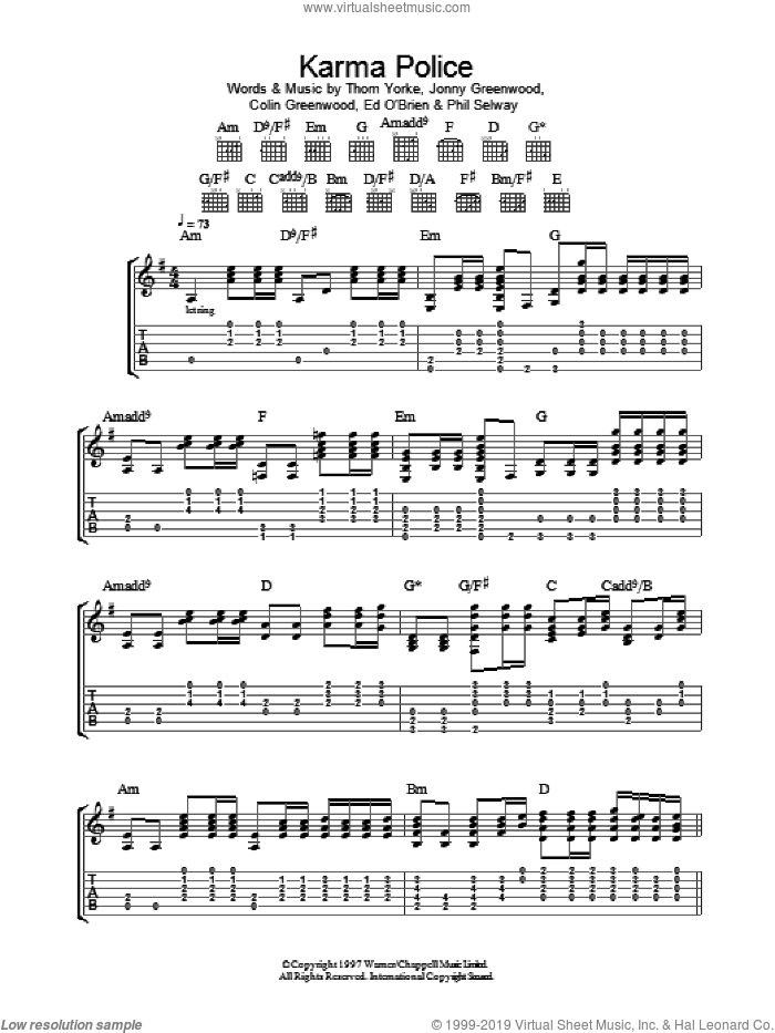 Karma Police sheet music for guitar (tablature) (PDF)