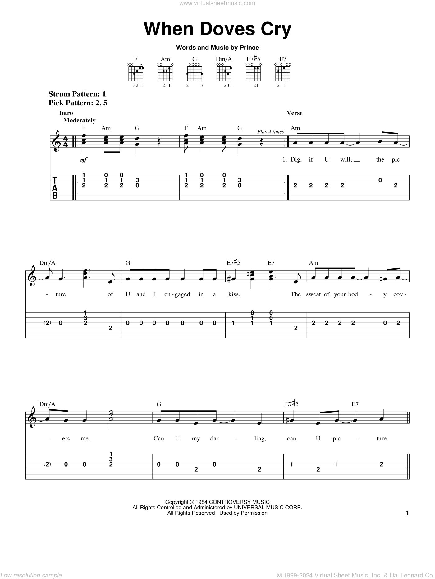 When Doves Cry sheet music for guitar solo (easy tablature) (PDF)