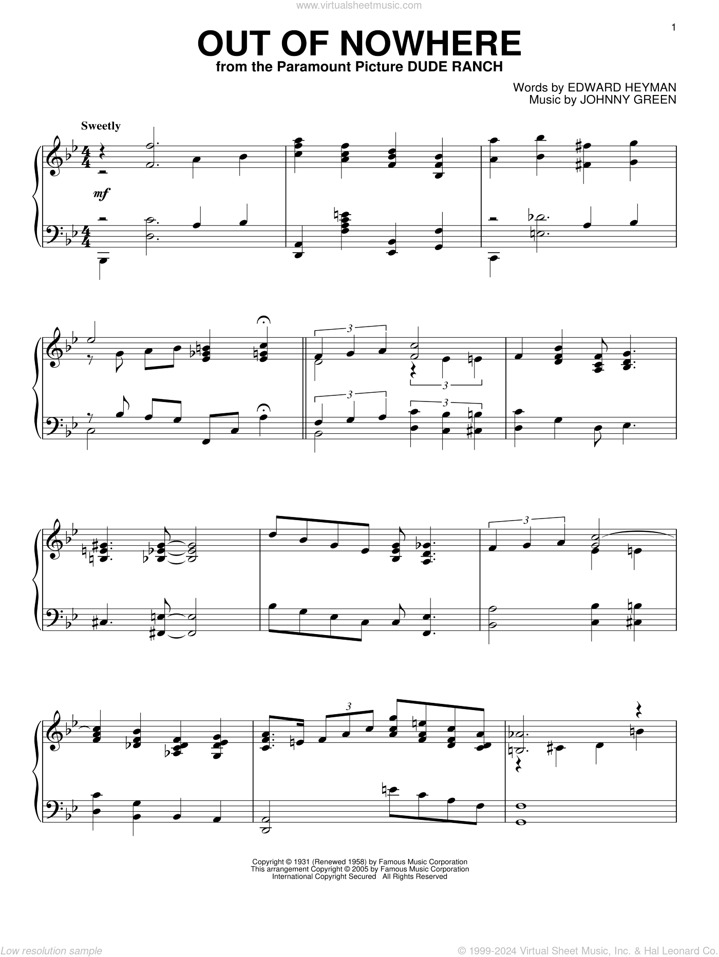 Out Of Nowhere sheet music for piano solo (PDF-interactive)