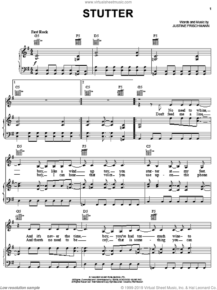 Elastica: Stutter sheet music for voice, piano or guitar (PDF)