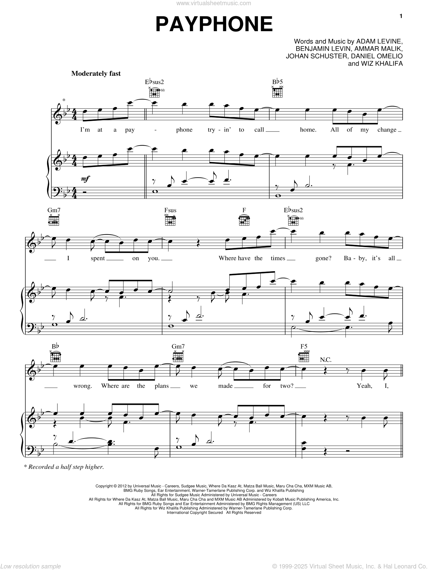 Payphone sheet music for voice, piano or guitar (PDF-interactive)