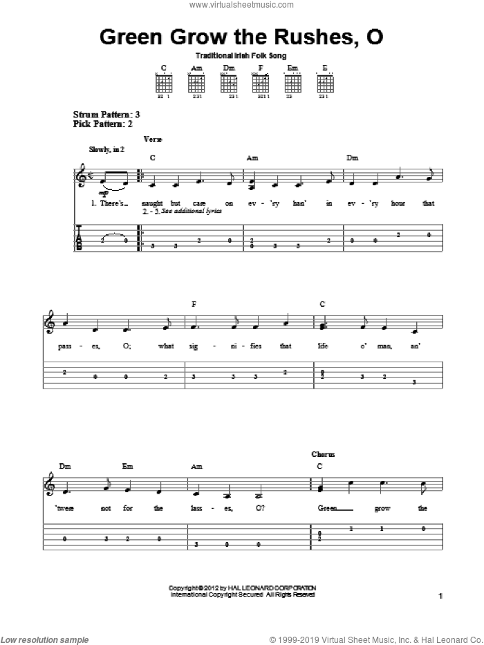 Green Grow The Rushes, O sheet music for guitar solo (easy tablature)