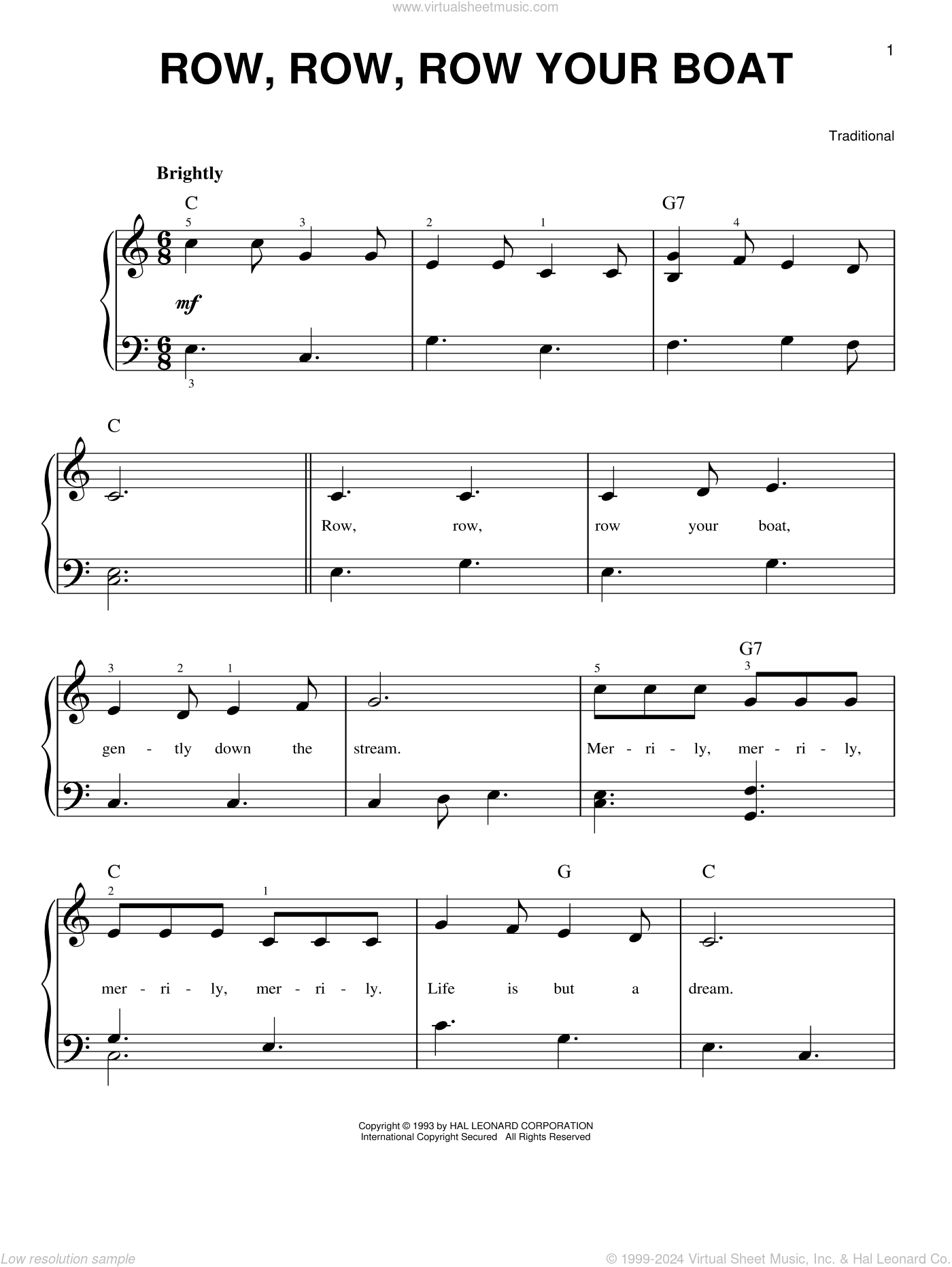 Row, Row, Row Your Boat sheet music (easy) for piano solo (PDF)