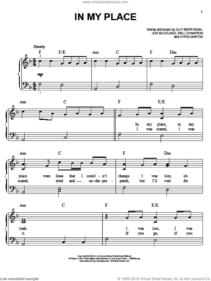 In My Place, (easy) sheet music for piano solo (PDF-interactive)