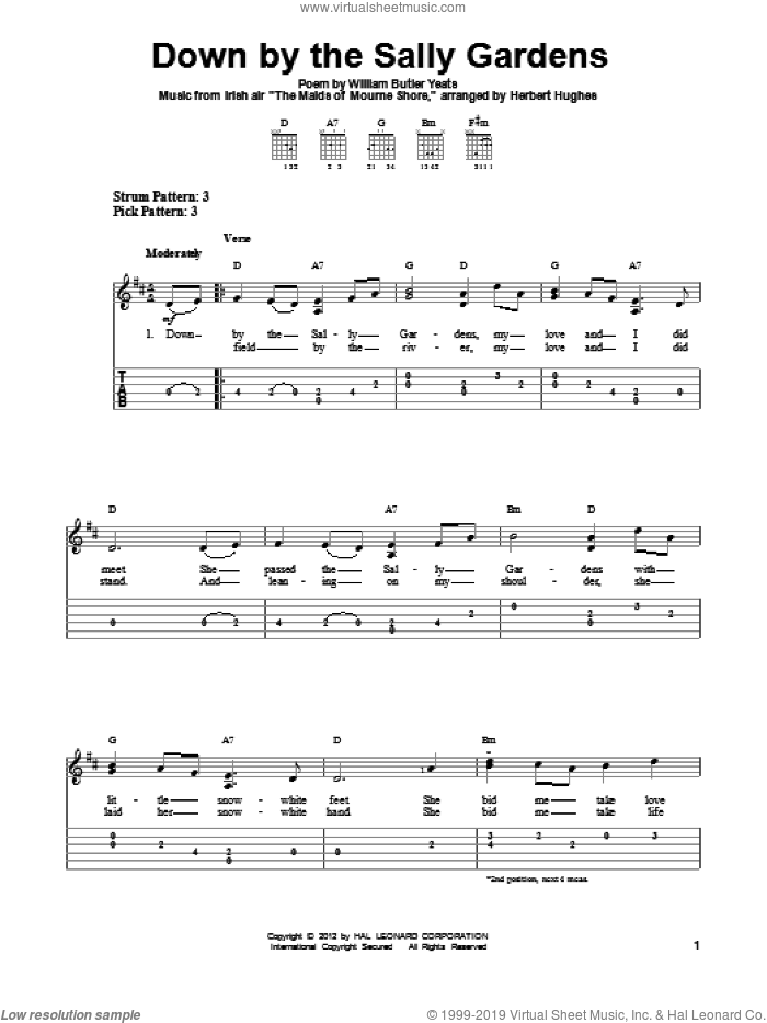 Down By The Sally Gardens sheet music for guitar solo (easy tablature)