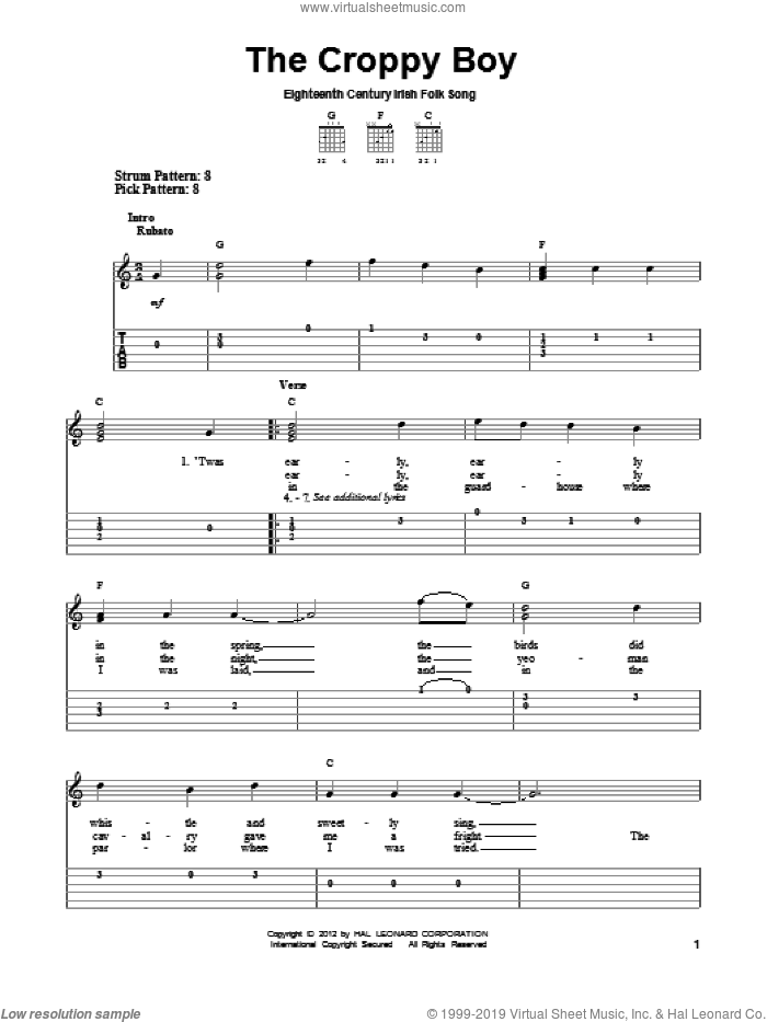 The Croppy Boy sheet music for guitar solo (easy tablature) (PDF)