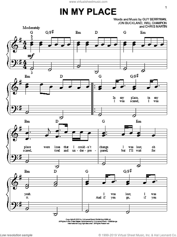 In My Place sheet music for piano solo (big note book) (PDF)