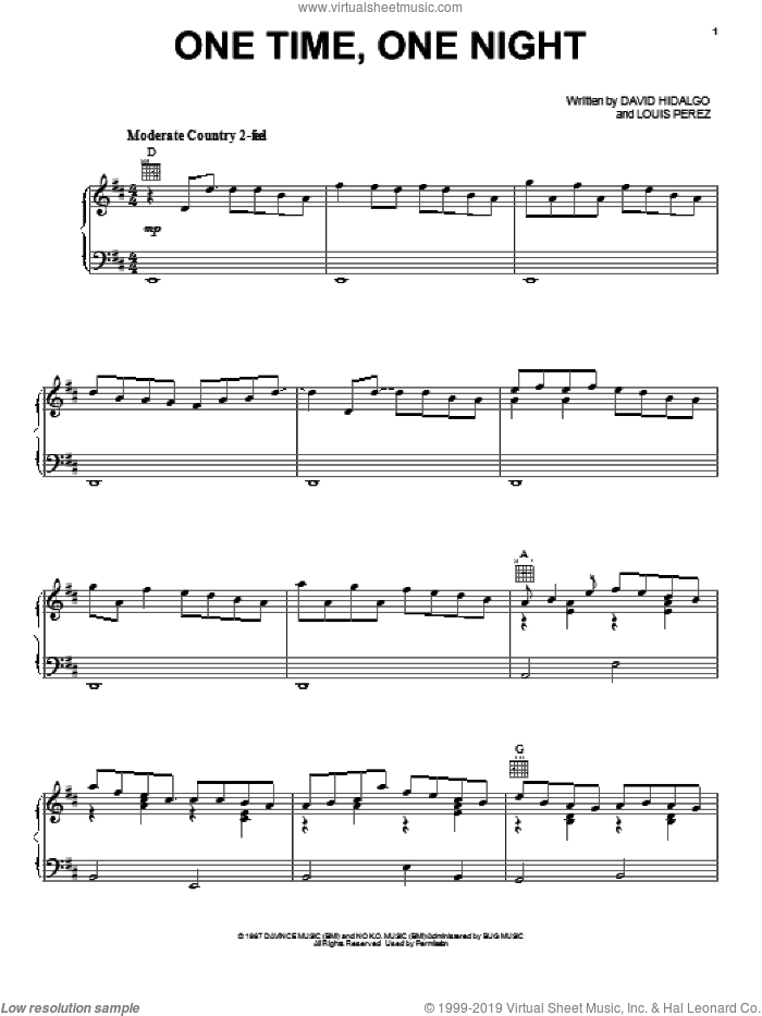 One Time, One Night sheet music for voice, piano or guitar (PDF)