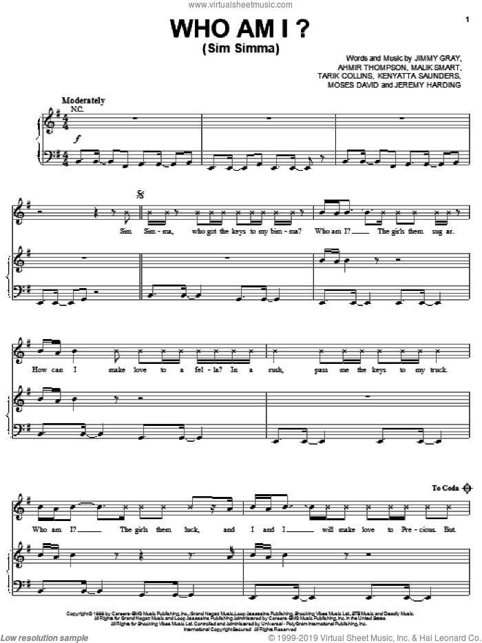 Who Am I (Sim Simma) sheet music for voice, piano or guitar (PDF)