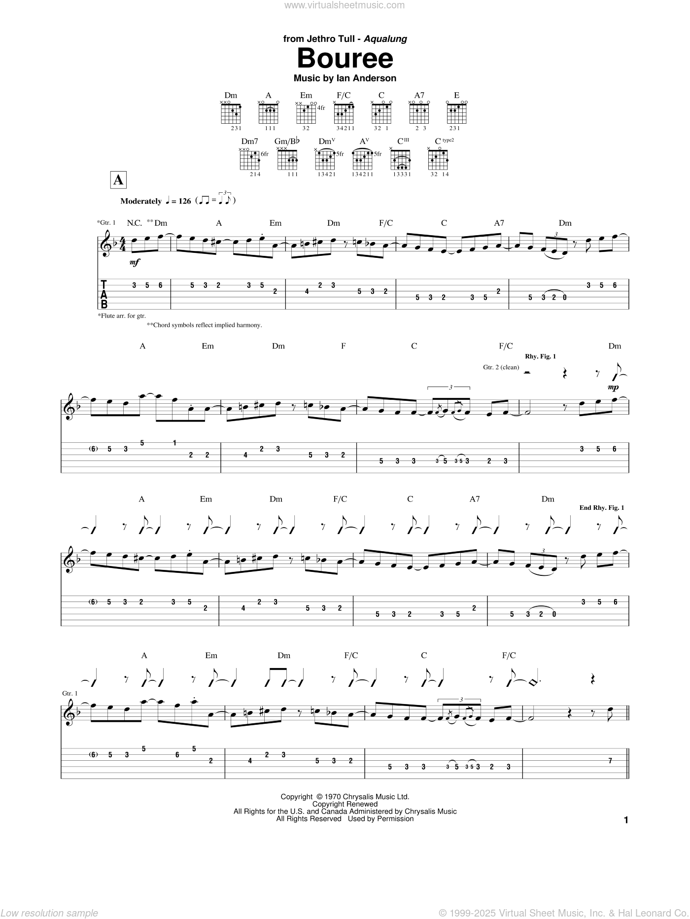 Bouree sheet music for guitar (tablature) (PDF)