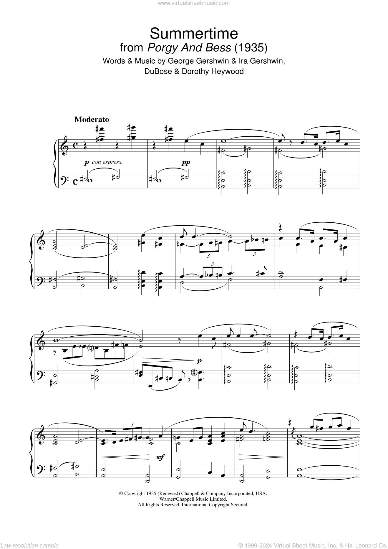 Summertime (from Porgy And Bess) sheet music (intermediate) for piano solo