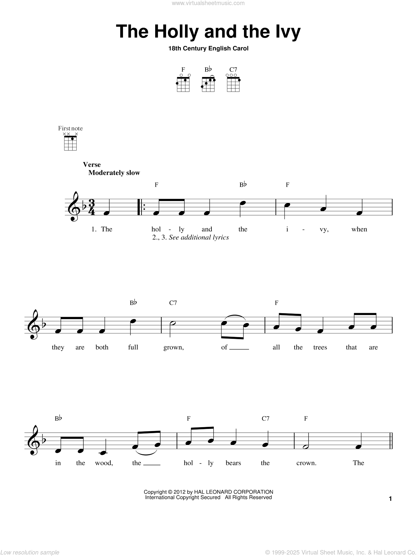 The Holly And The Ivy sheet music for ukulele (PDF-interactive)