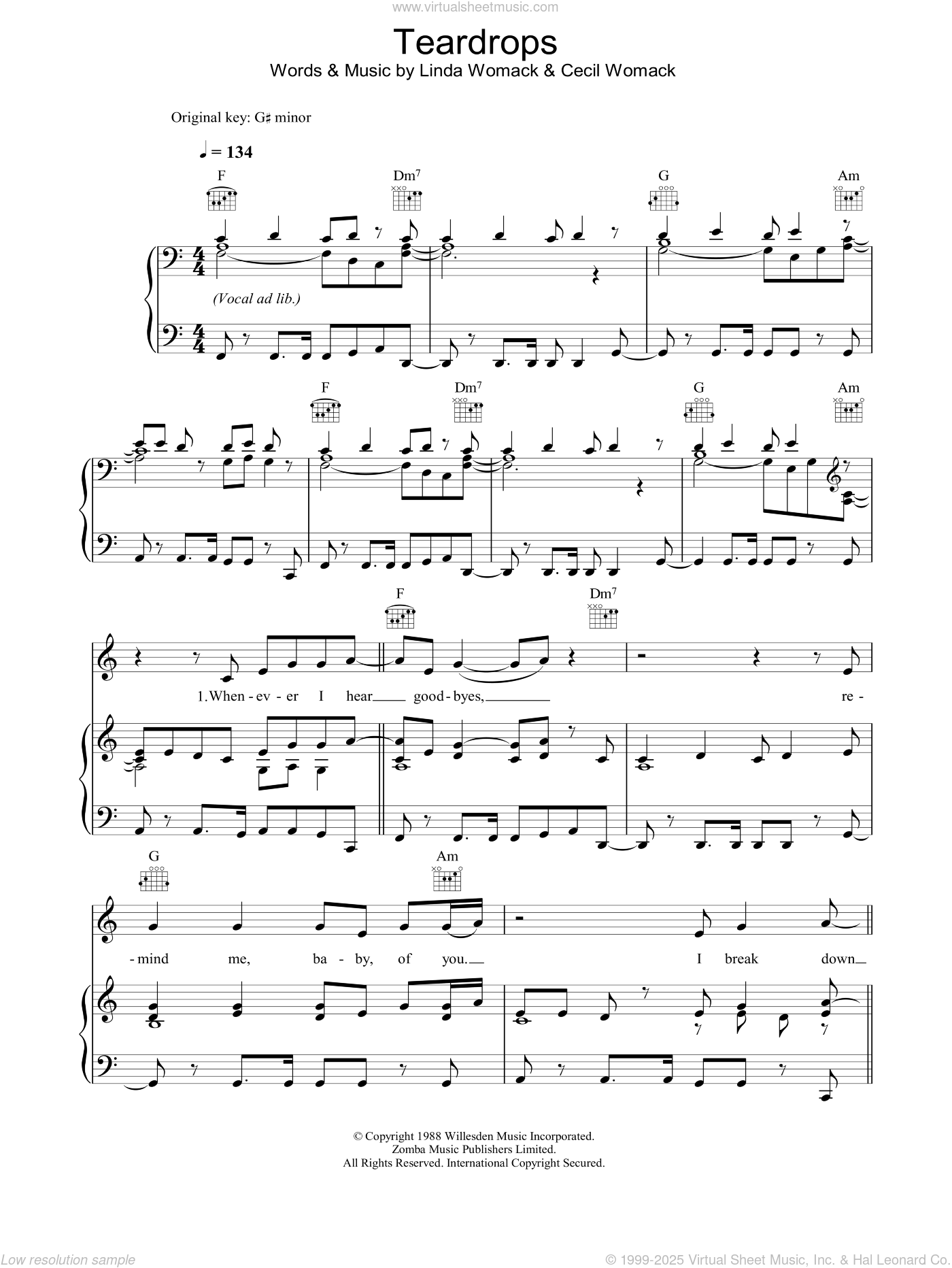 Teardrops sheet music for voice, piano or guitar (PDF)