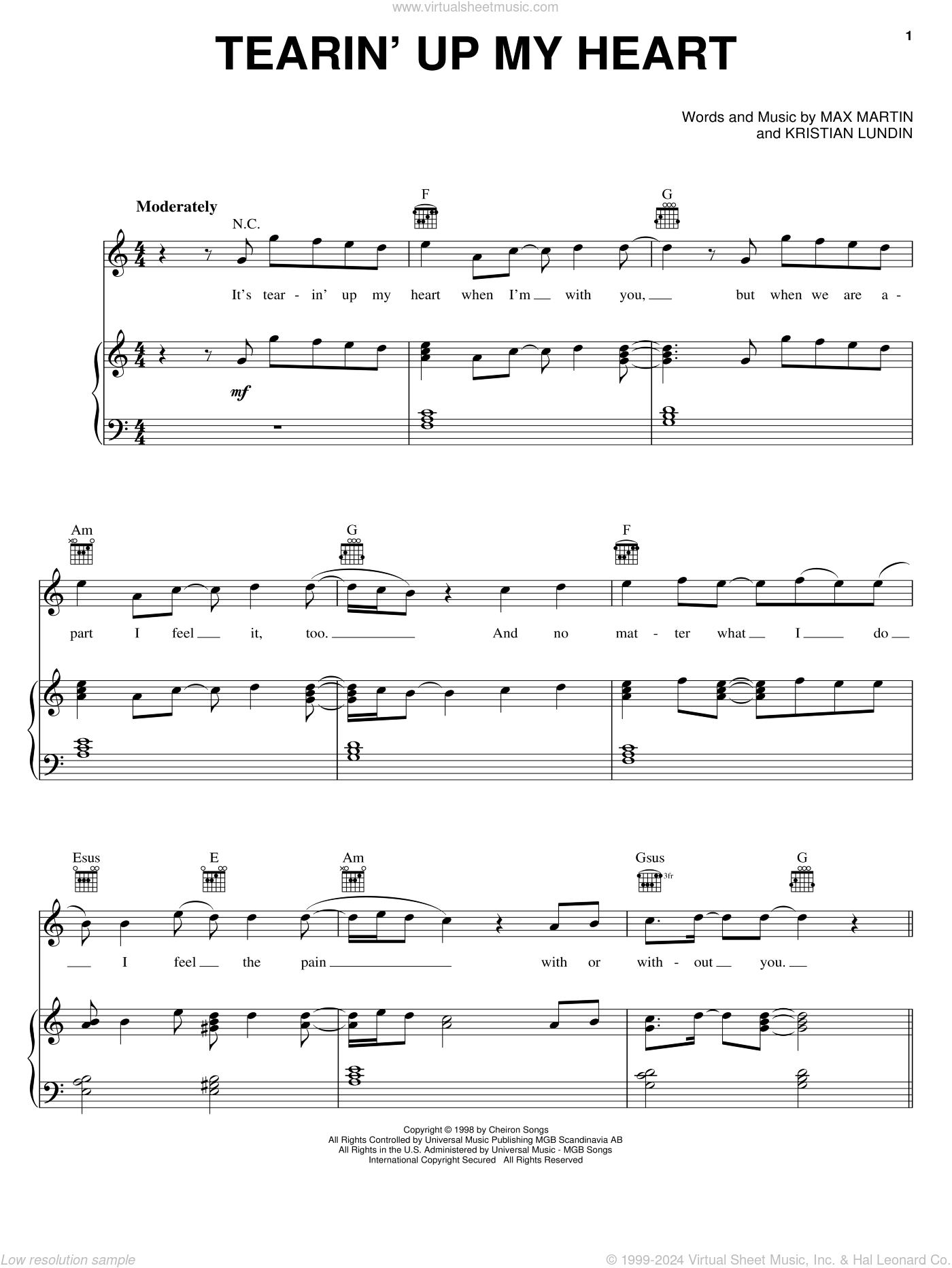 Tearin' Up My Heart sheet music for voice, piano or guitar (PDF)