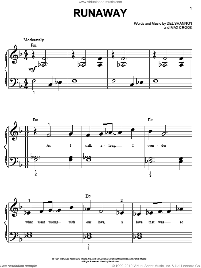 Runaway sheet music for piano solo (big note book) (PDF)