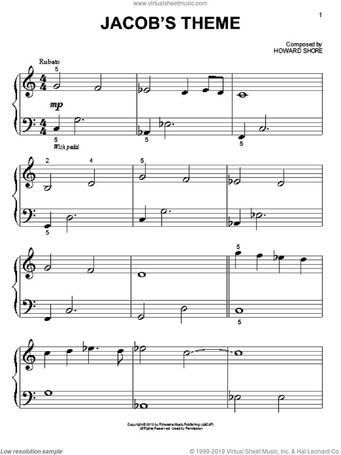 Jacob's Theme sheet music for piano solo (big note book) (PDF)