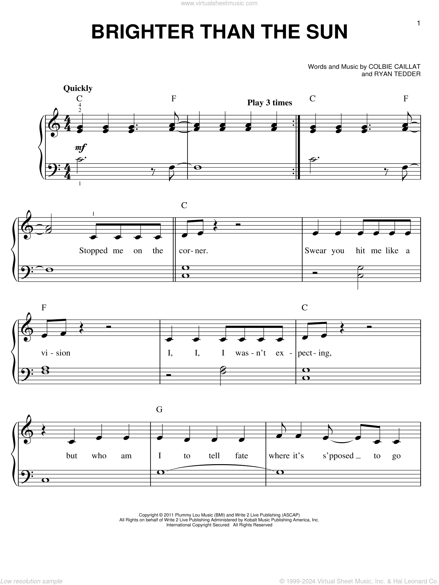 Brighter Than The Sun sheet music for piano solo (PDF)